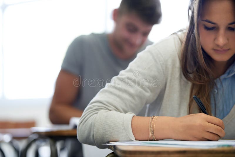 College, Writing and Woman in Classroom with Notebook for Development ...