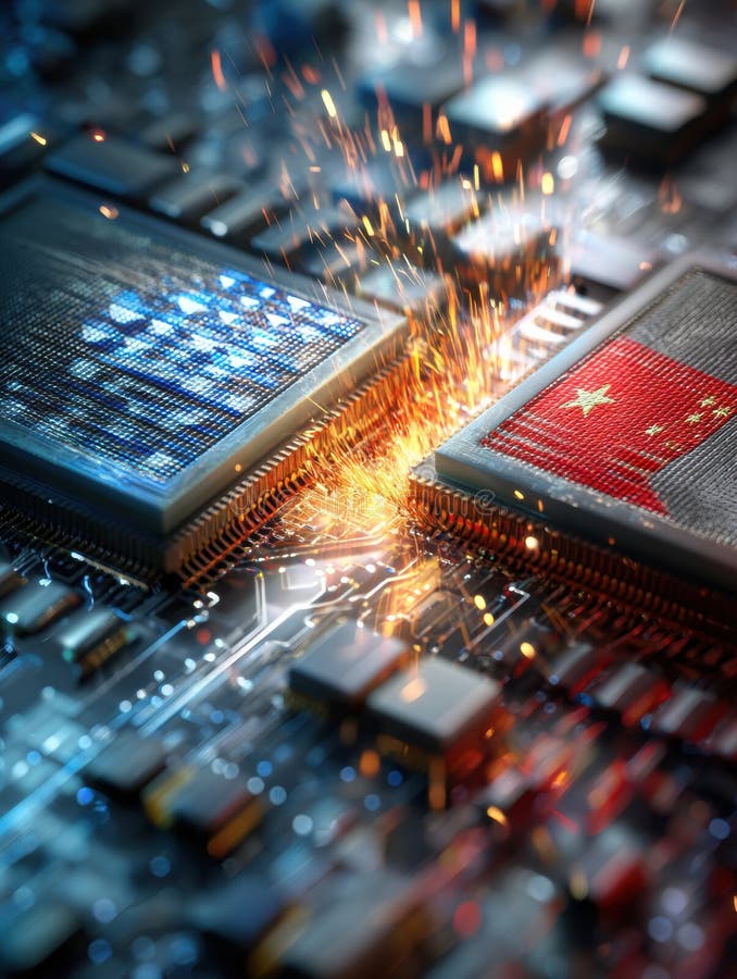 Colliding Computer Chips with USA and China Flags Create Sparks in ...