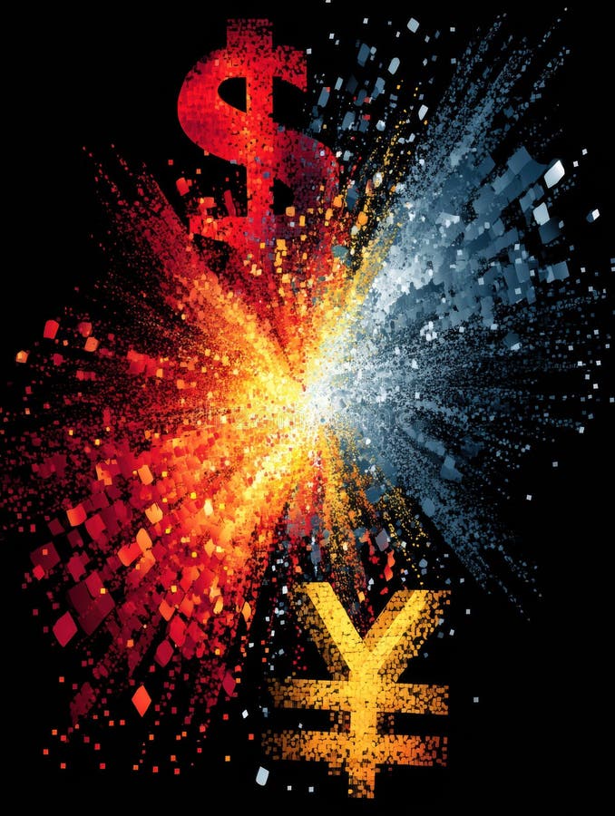Dollar and Yuan Symbols Collide in a Vibrant Explosion of Pixels Illustrating Global Currency ...