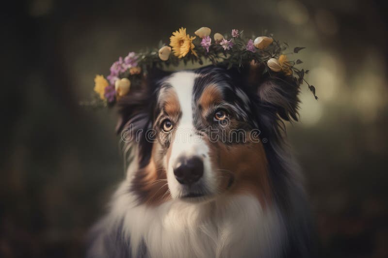 A Collie with a Flower Crown on Its Head Looking at the Camera Stock ...