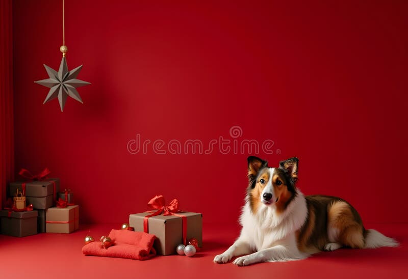 Collie with Gifts in Red Interior with Christmas Decorations in the ...
