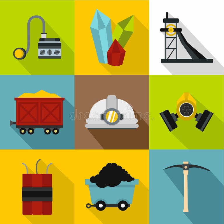 Colliery Icons Set, Flat Style Stock Vector - Illustration of large ...