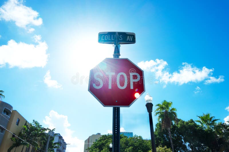 Collins Ave Stop Sign with Trees in the Background and Some Sky Stock ...