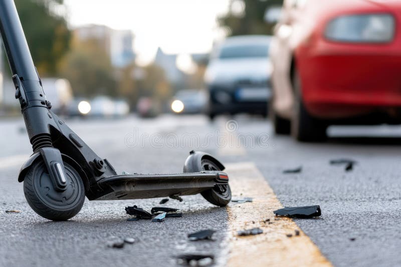 Collision between Car and Electric Scooter. Broken E-scooter in Street ...