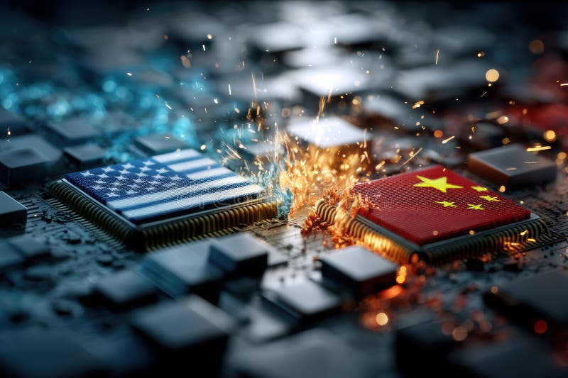 Collision of Giant Computer Chips Featuring USA and China Flags Amid ...