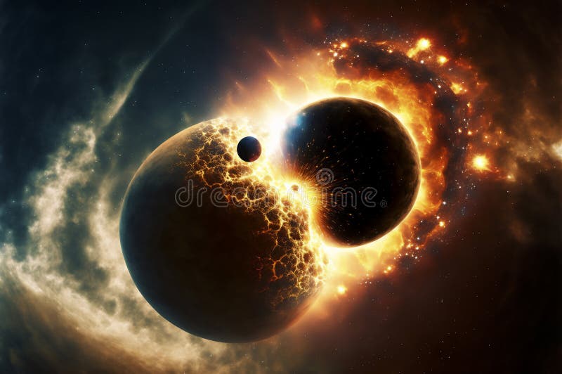 Collision Of Planets In Space Explosion And Flash Created With Generative Ai Technology Stock
