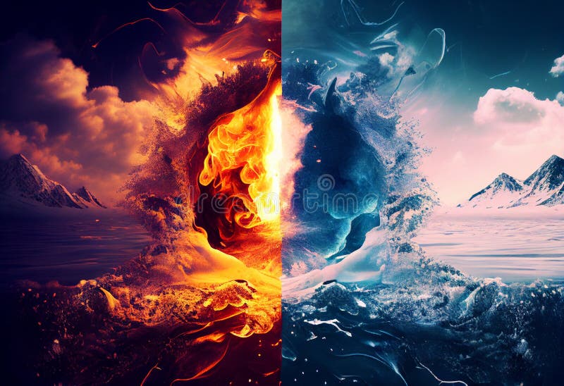 Collision of Two Elements - Water and Fire. Genarated AI Stock ...