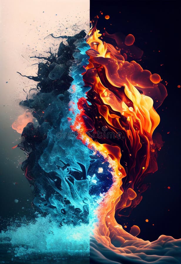 Collision of Two Elements - Water and Fire. Genarated AI Stock ...
