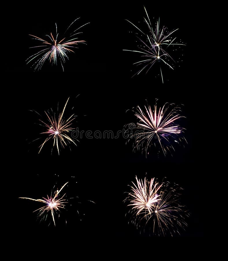 Colllage or Collection of Different Fireworks Isolated on Black Stock ...