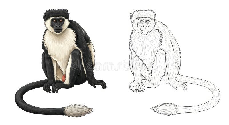 Colobus Monkey Coloring Page with Outline Drawing and Full Color ...