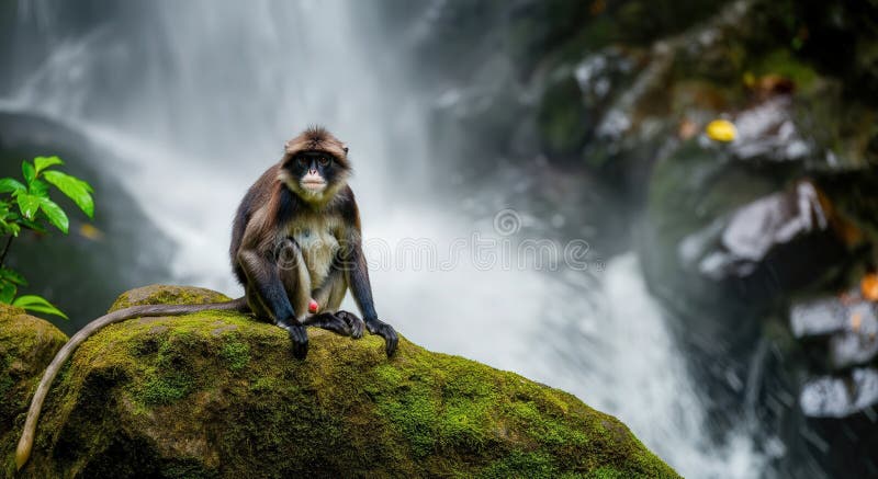 Colobus Monkey by Waterfall in Lush Tropical Forest Habitat Stock Photo ...