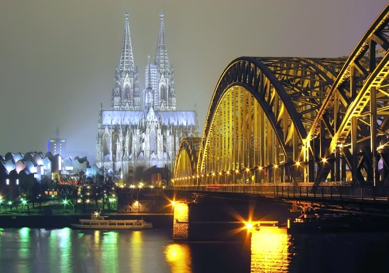 Cologne Cathedral and Iron Bridge at Night Stock Image - Image of ...