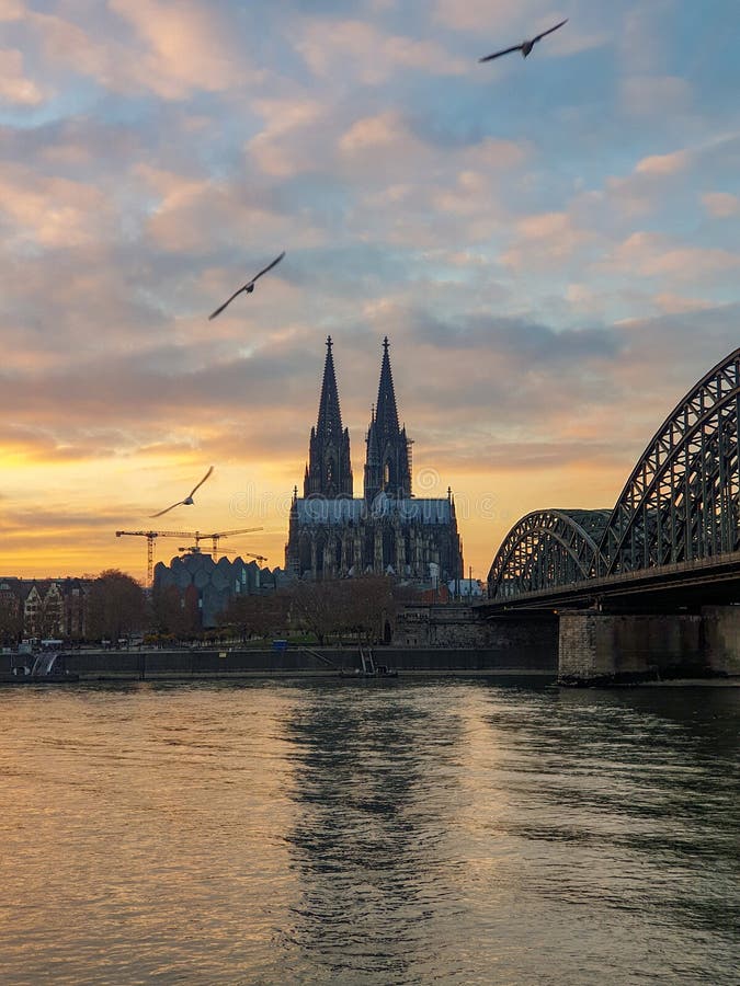 Cologne Germany Alongside the Rhein River during Sunset with the Huge ...