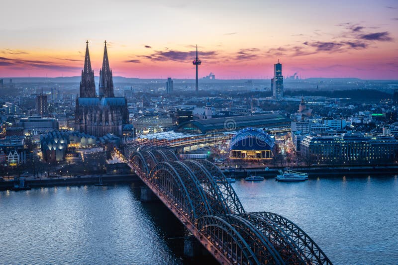Cologne Skyline at Dusk during Spring Time Stock Image - Image of ...