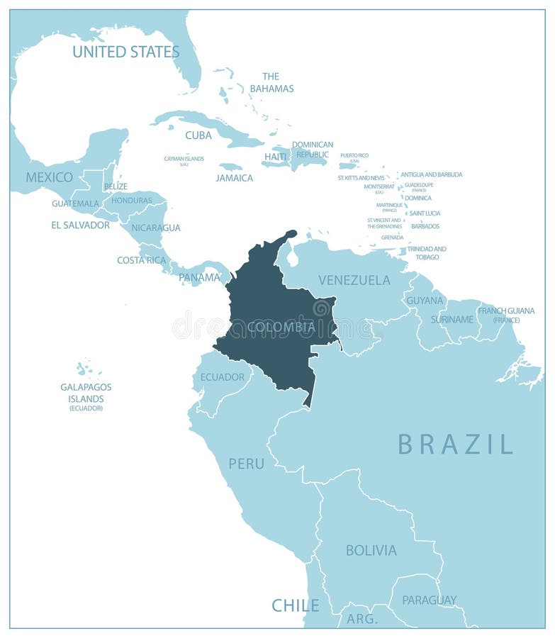 Colombia - Blue Map with Neighboring Countries and Names Stock ...
