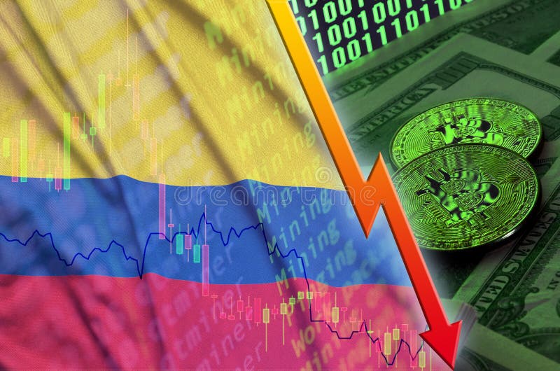 Colombia Flag and Cryptocurrency Falling Trend with Two Bitcoins on ...