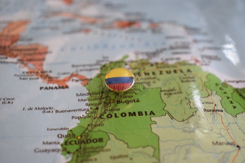Colombia Flag Drawing Pin on the Map Stock Photo - Image of flag ...