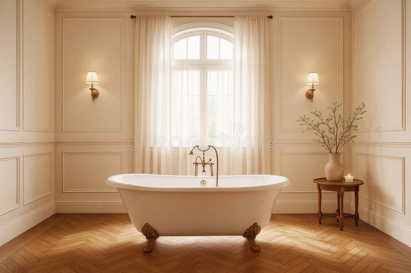 Colonial Bathroom with Freestanding Tub and Brass Sconces Stock ...