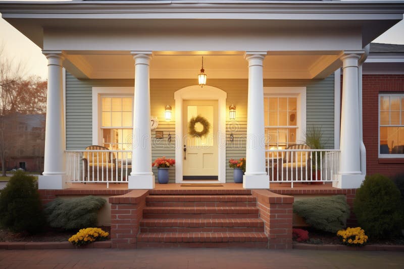 White Columns Against a Colonial Brick Facade Stock Photo - Image of ...