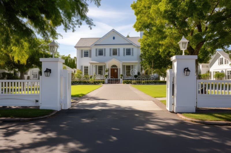 Colonial House with Lamp Posts at Front Gate Stock Image - Image of ...