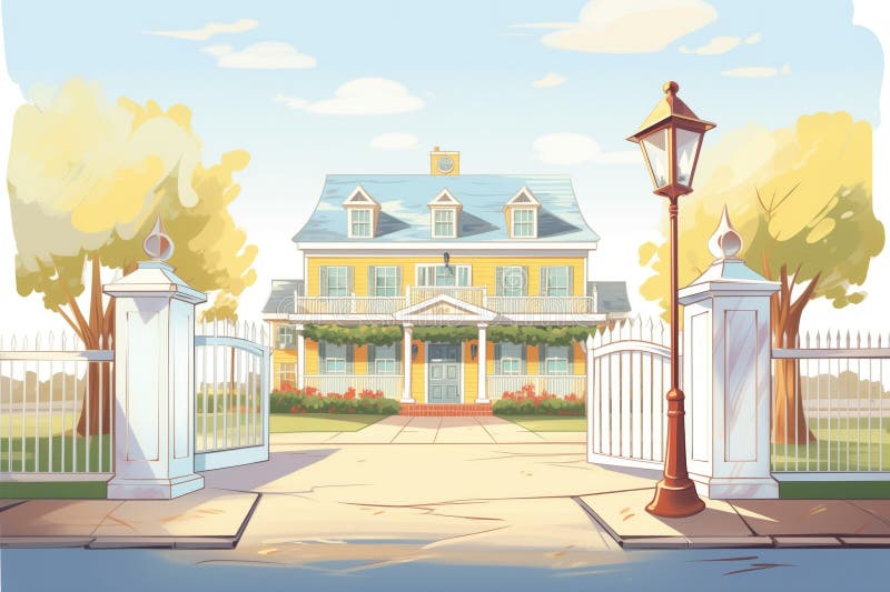 Colonial House with Lamp Posts at Front Gate, Magazine Style ...