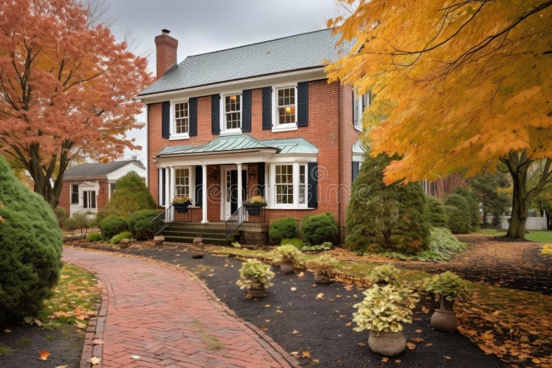 Colonial House Nestled in Fall Colors, with Brick Path Stock Photo ...