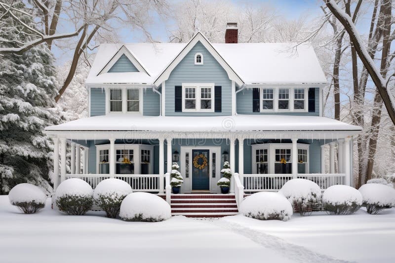 Colonial House with Side Porches Covered in Snow. Generative AI Stock ...