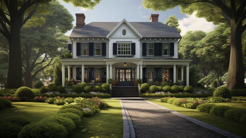 A Colonial House in a Suburban Neighborhood with Tree - Lined Streets ...