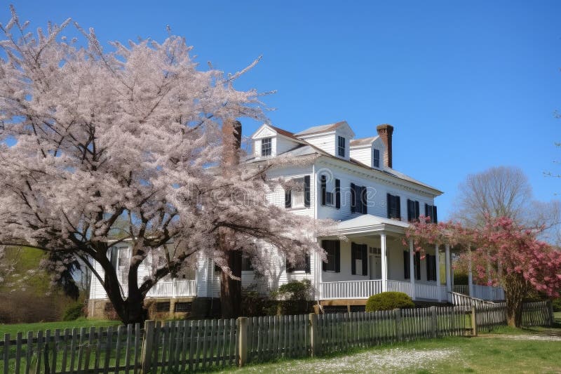 Colonial House, with View of Garden and Blooming Cherry Trees, Against ...
