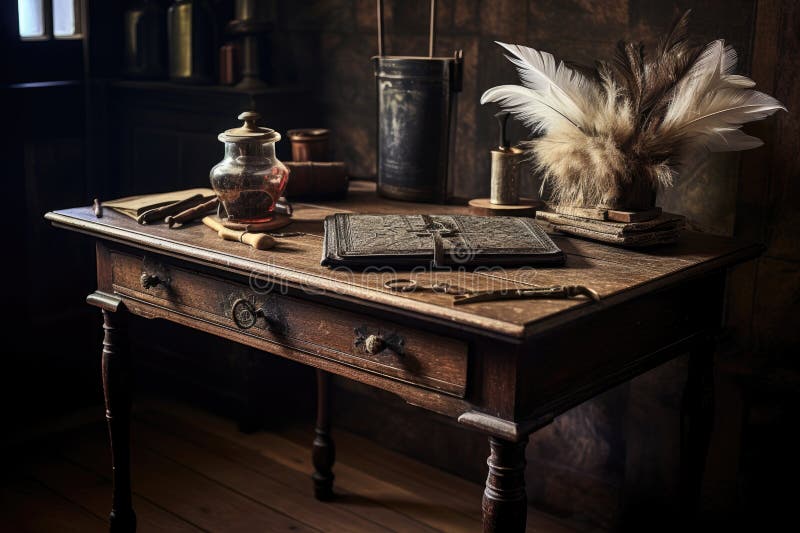 A Colonial-style Writing Desk with a Feather Quill and Inkwell Stock ...