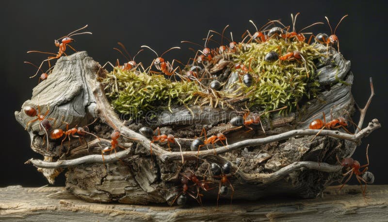 Ants Building a Nest on a Piece of Wood with Moss in a Natural Setting ...