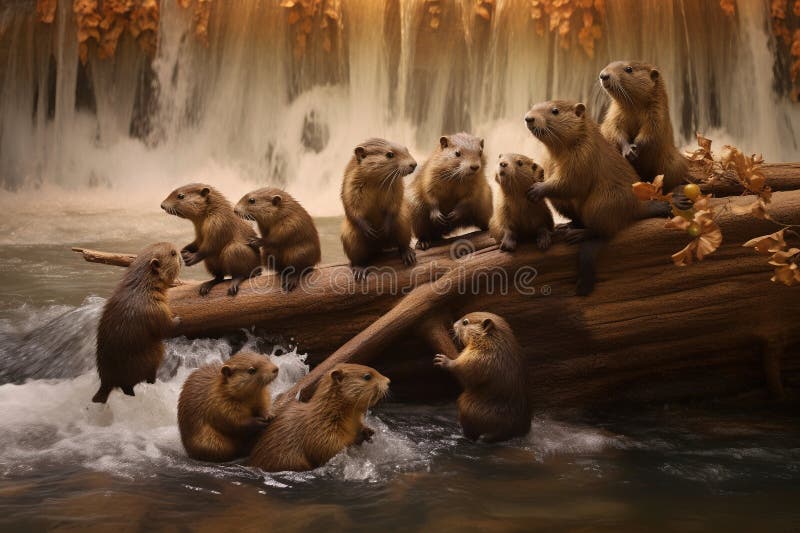 Colony of Beavers Building a Dam. Generative AI Stock Illustration ...
