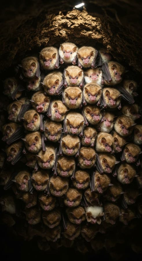 Colony of Brown Bats Huddled Together in a Dark Cave Stock Illustration ...