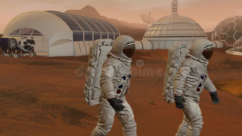 Colony on Mars. Two Astronauts Walking on the Surface of Mars ...