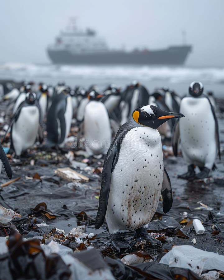 A Colony of Penguins Waddling through a Sea of Trash Stock Illustration ...
