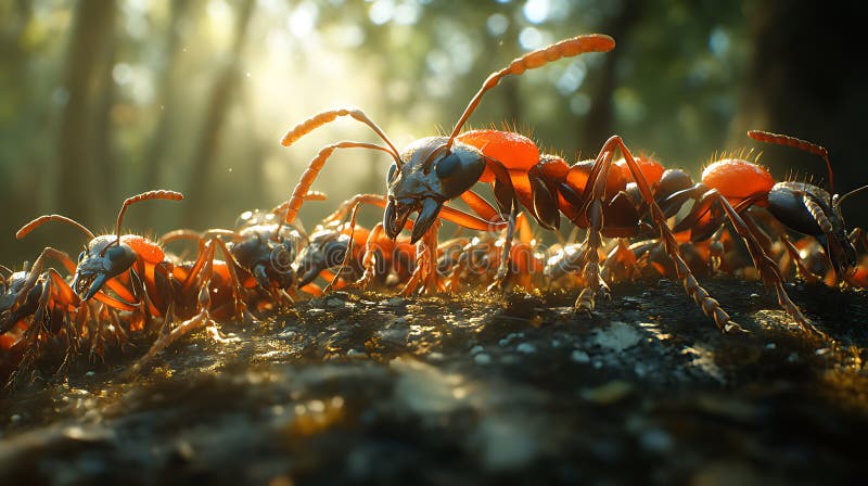 A Colony of Red Ants Marching in a Line on a Forest Floor, with the Sun ...