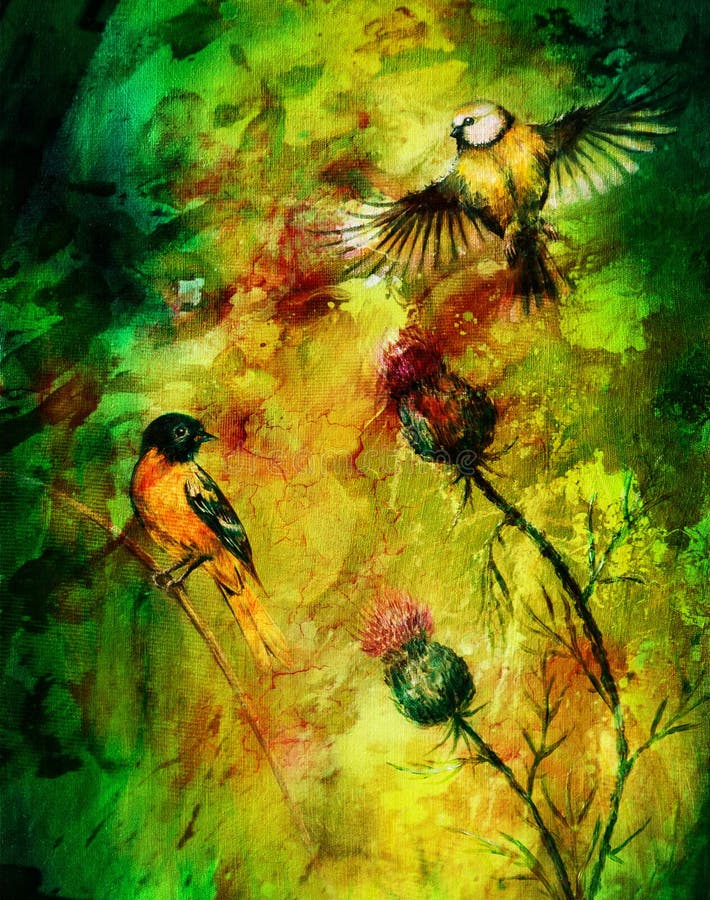 Color Abstract Background with Birds and Flower. Stock Illustration ...