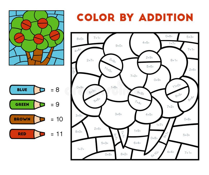 Color by Addition, Education Game for Kids, Apple Tree Stock Vector ...