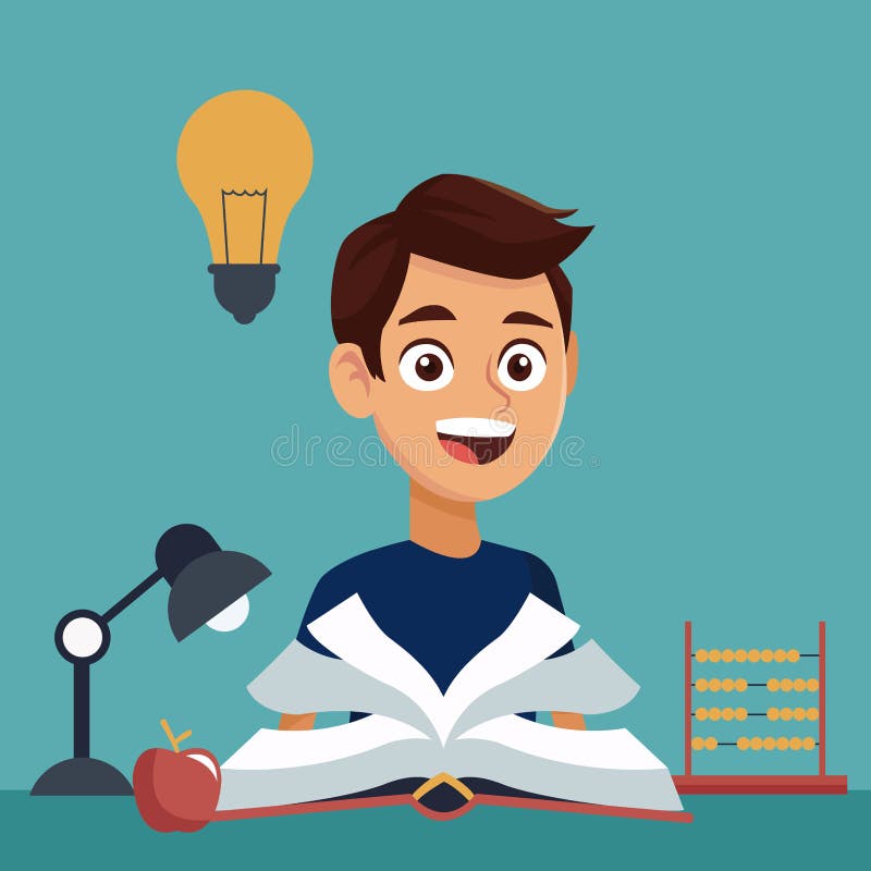 Color Background with Boy Student with Book in Learning with Elements ...