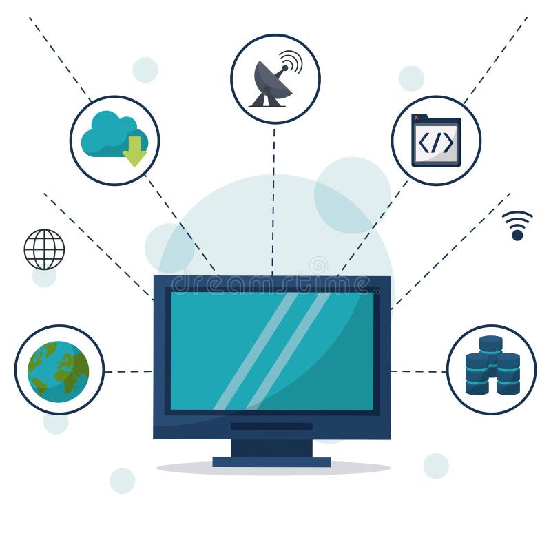 Color Background with Desktop Computer in Closeup and Network ...