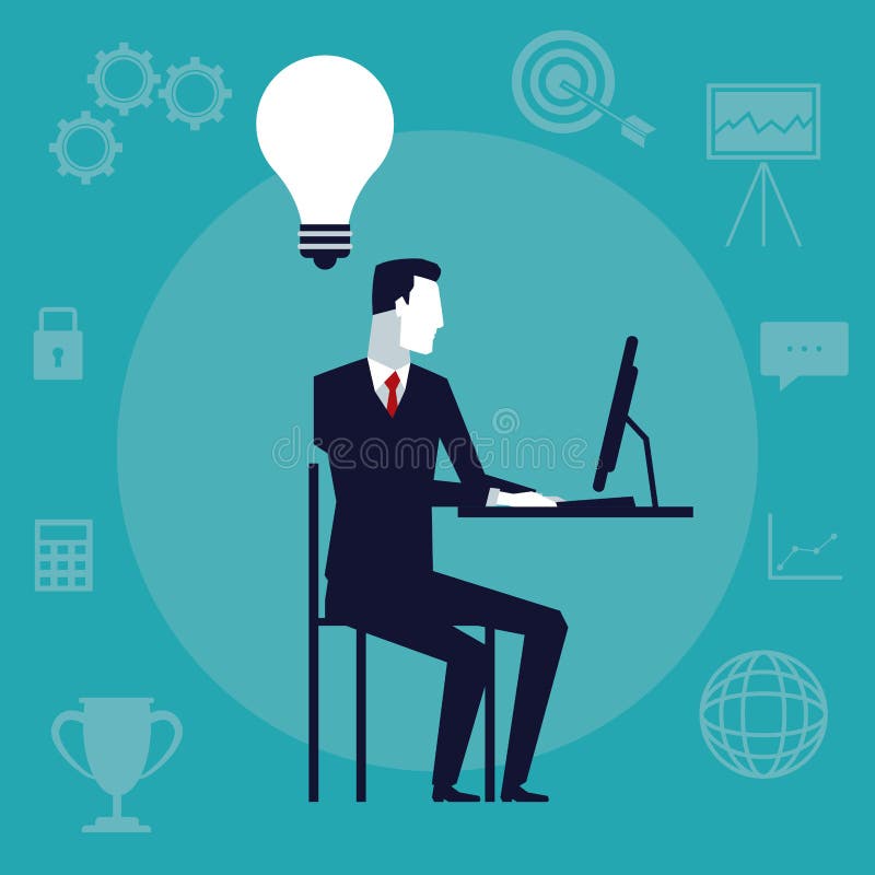 Color Background with Executive Man Sitting in Desk with Tech Device in ...