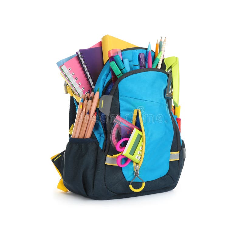 Color Backpack with Different School Supplies Isolated on White Stock ...