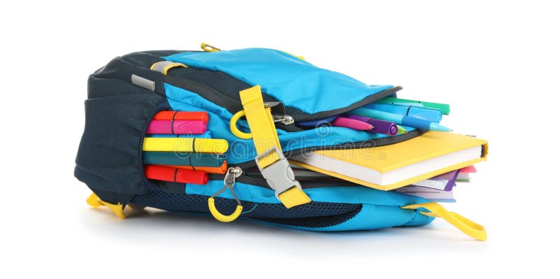 Color Backpack with Different School Supplies Isolated on White Stock ...
