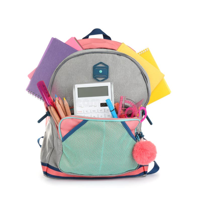 Color Backpack with Different School Supplies on White Stock Photo ...