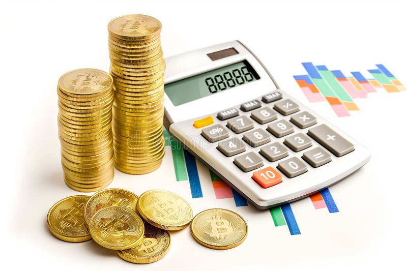 Color Bar Graph with Gold Coins and Calculator on White Background ...