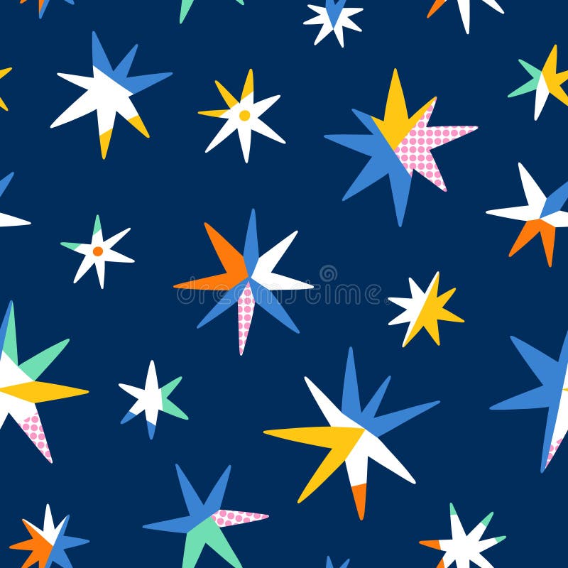 Color Block Abstract Stars on Blue, Vector Seamless Pattern Stock ...