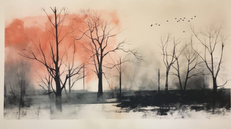 Minimalist Monotype Print of Retro Landscape with Trees and Birds Stock ...
