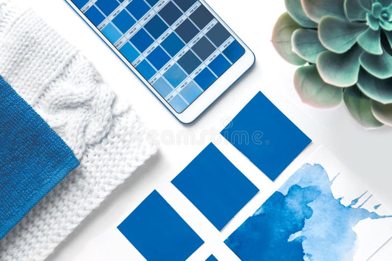 Color Blue Palette Guide in Mobile Phone on White Background. Flatlay ...