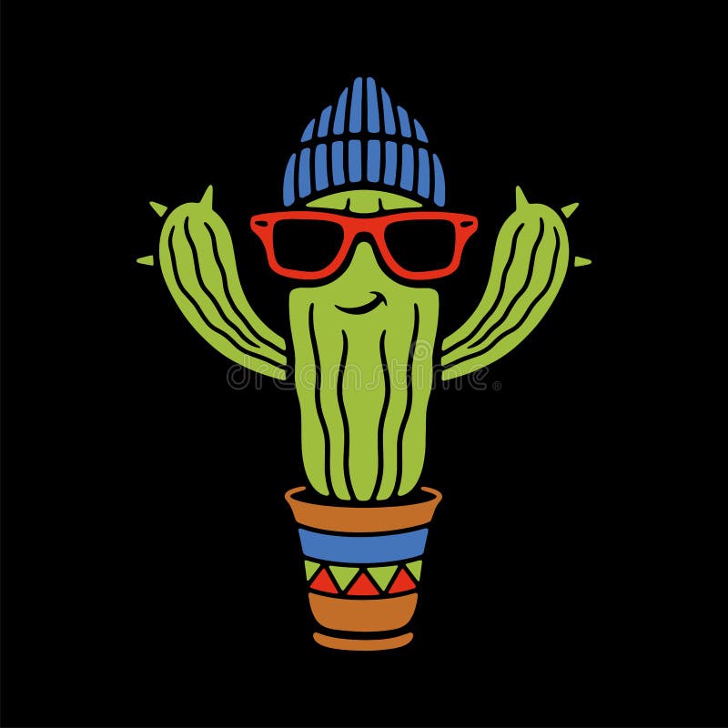 Color Cactus in the Cap in a Pot on Black Background Stock Vector ...