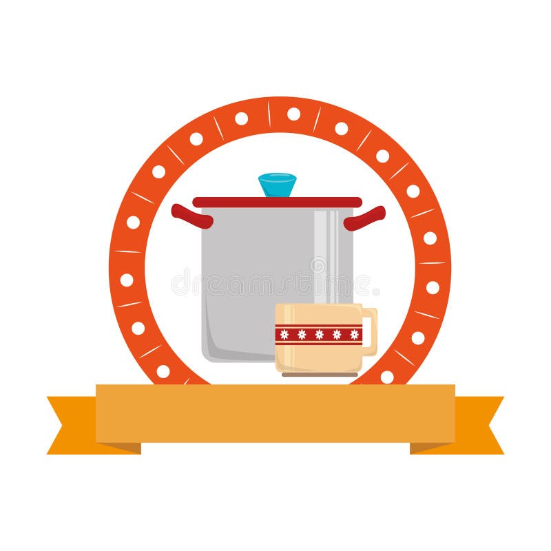 Color Circular Frame with Pan and Cup and Ribbon Stock Vector ...